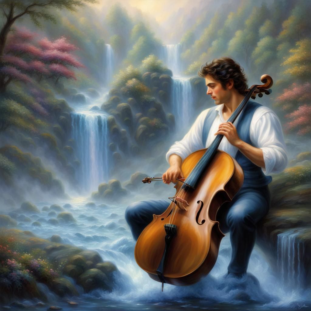 Playing cello at the waterfall - AI Generated Artwork - NightCafe Creator