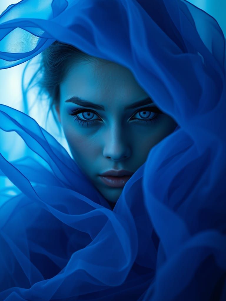 A captivating blue-toned portrait of a woman with striking blue eyes ...