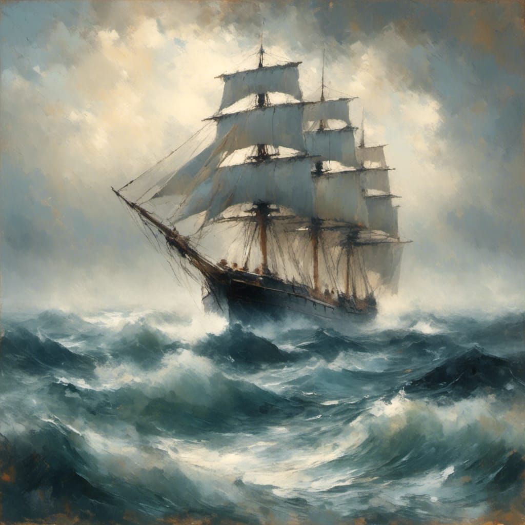 Impressionist-style painting of a tall sailing ship navigating through ...