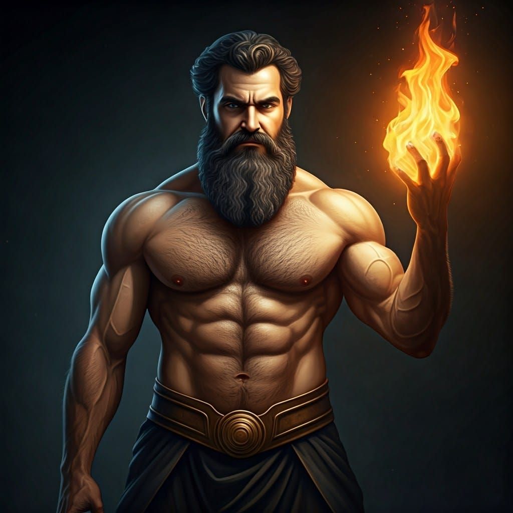 Mythical Hero Holds Fiery Torch in a Dramatic Pose - AI Art