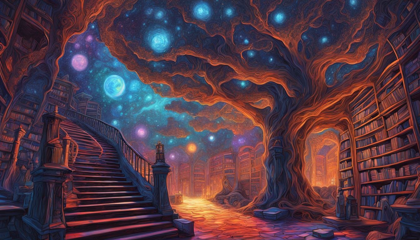 Enchanted Treehouse Library in Astral Cosmic Style - AI Art