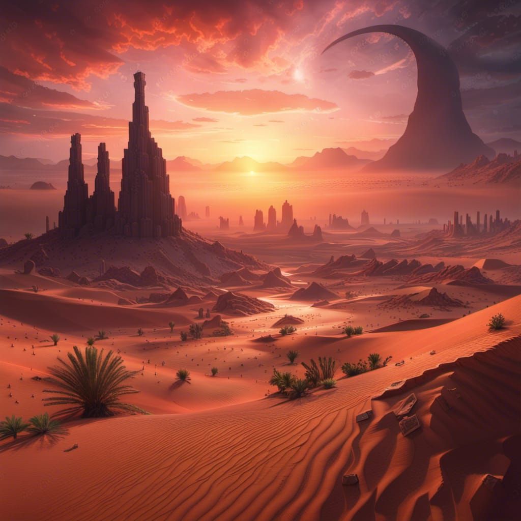 A crescent-shaped oasis in the afterglow of the desert sunset - AI ...