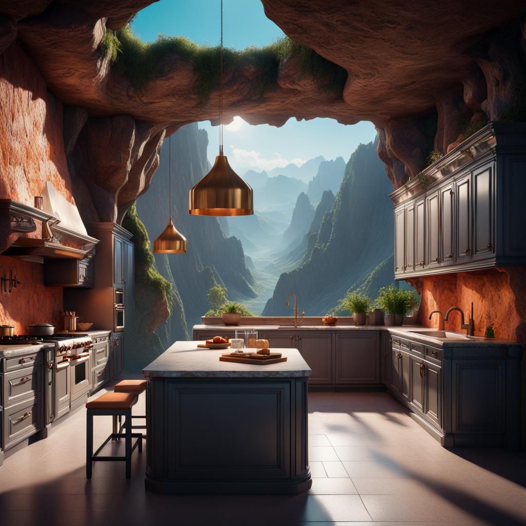 A luxurious kitchen hidden within a cave - AI Generated Artwork ...