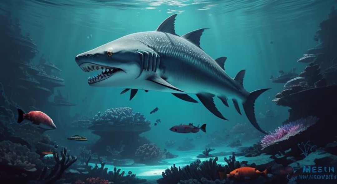 Mariana trench with several bioluminescent megalodon fish, giant squid ...