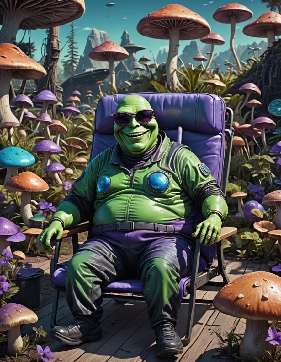 A fat smiling alien relaxing in a deck chair 01 - AI Generated Artwork ...