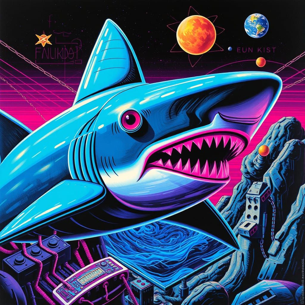Cyberpunk Shark Robot in Synthwave Aesthetic - AI Art