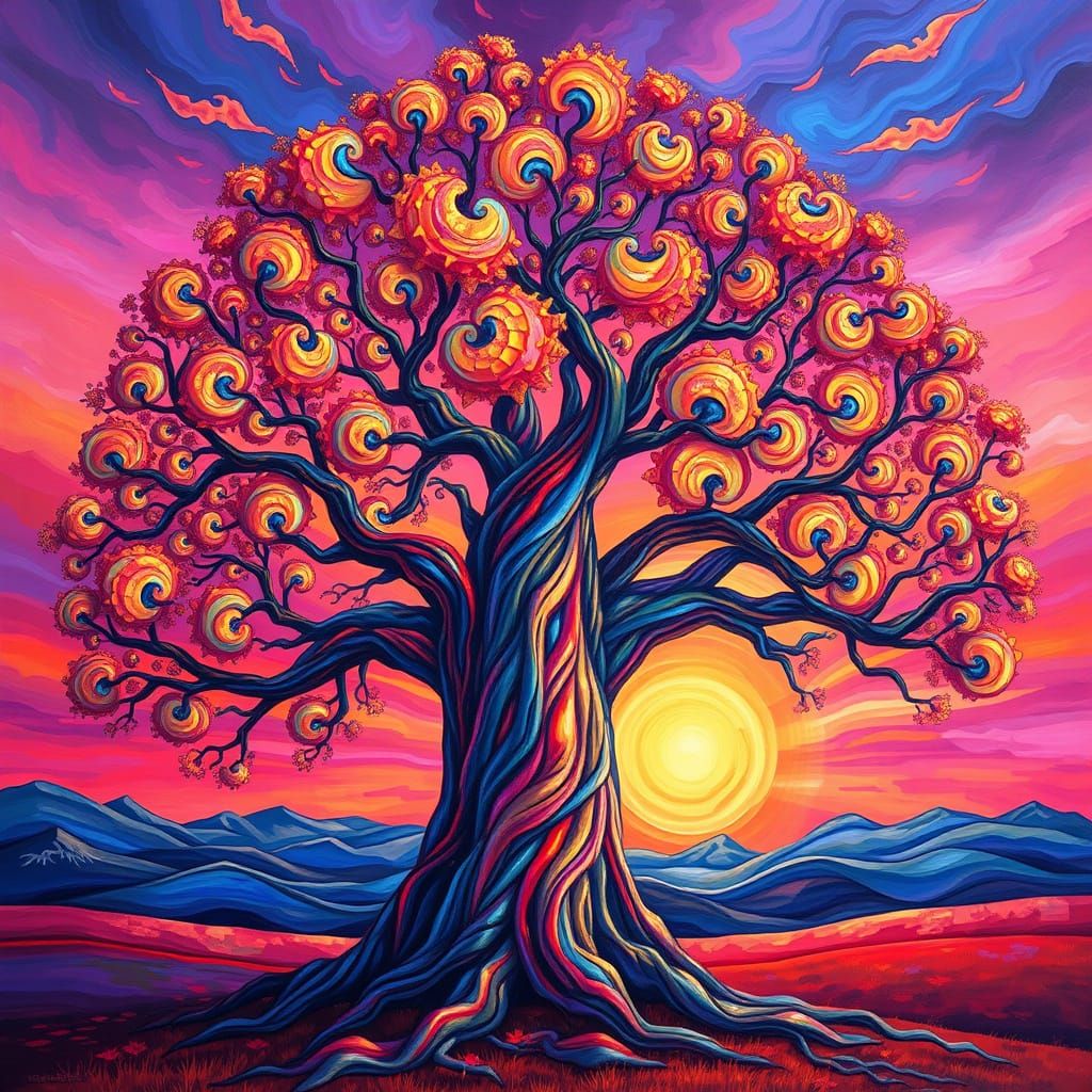 a tree on a sunset background - Surrealist Tree in Vibrant S...