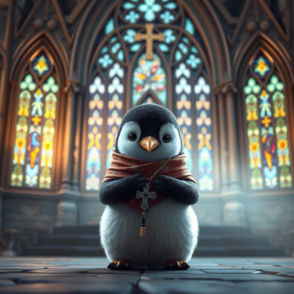 Adorable Penguin in Prayerful Repose Before Gothic... - AI Art