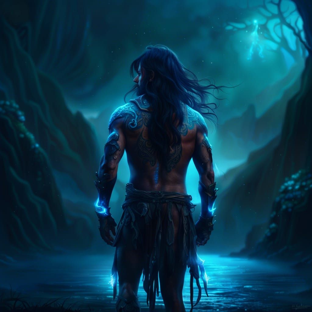 bioluminescent dark fae, man, warrior, strong, shirtless , long black ...