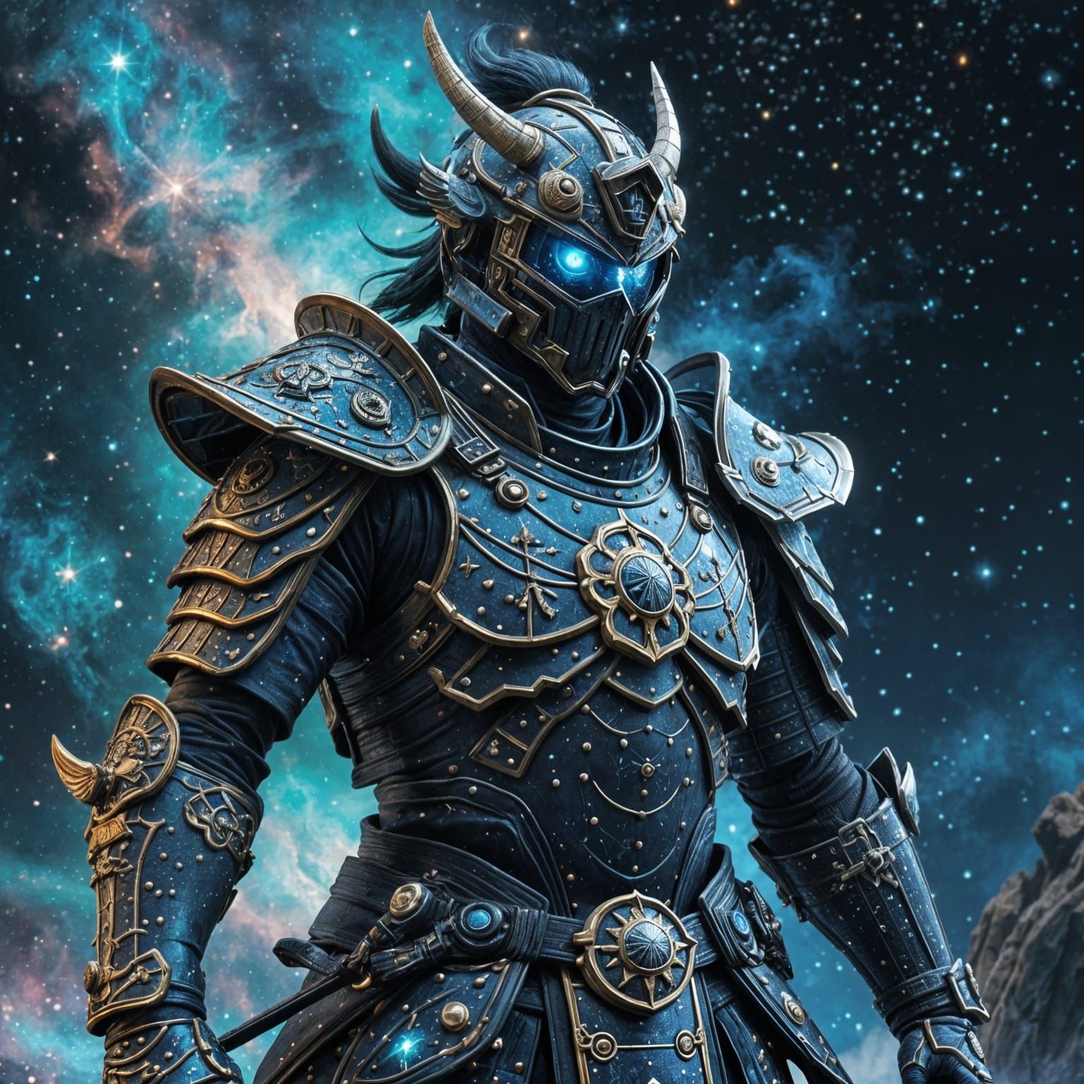 A cosmic samurai, clad in celestial armor..