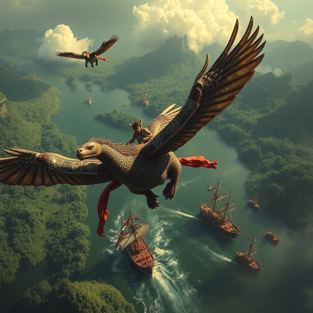 Mayan Civilization Riding Flying Beasts Over Amazo... - AI Art