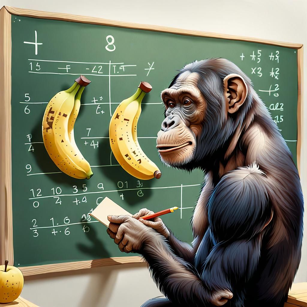 An Adult chimpanzee teaches math to little chimpanzees. write and draw ...