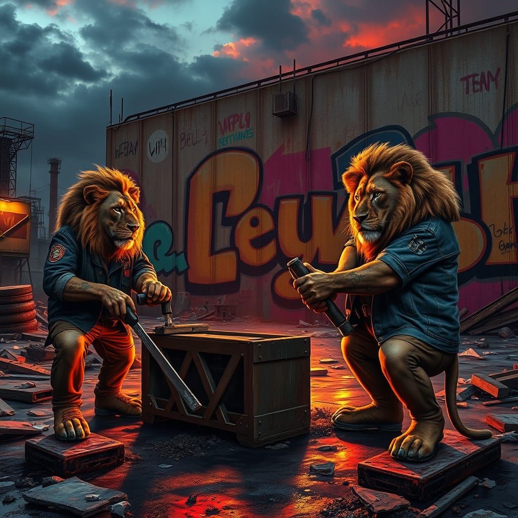Gritty Lions Build Industrial Bar in Dystopian Ghe... - AI Art