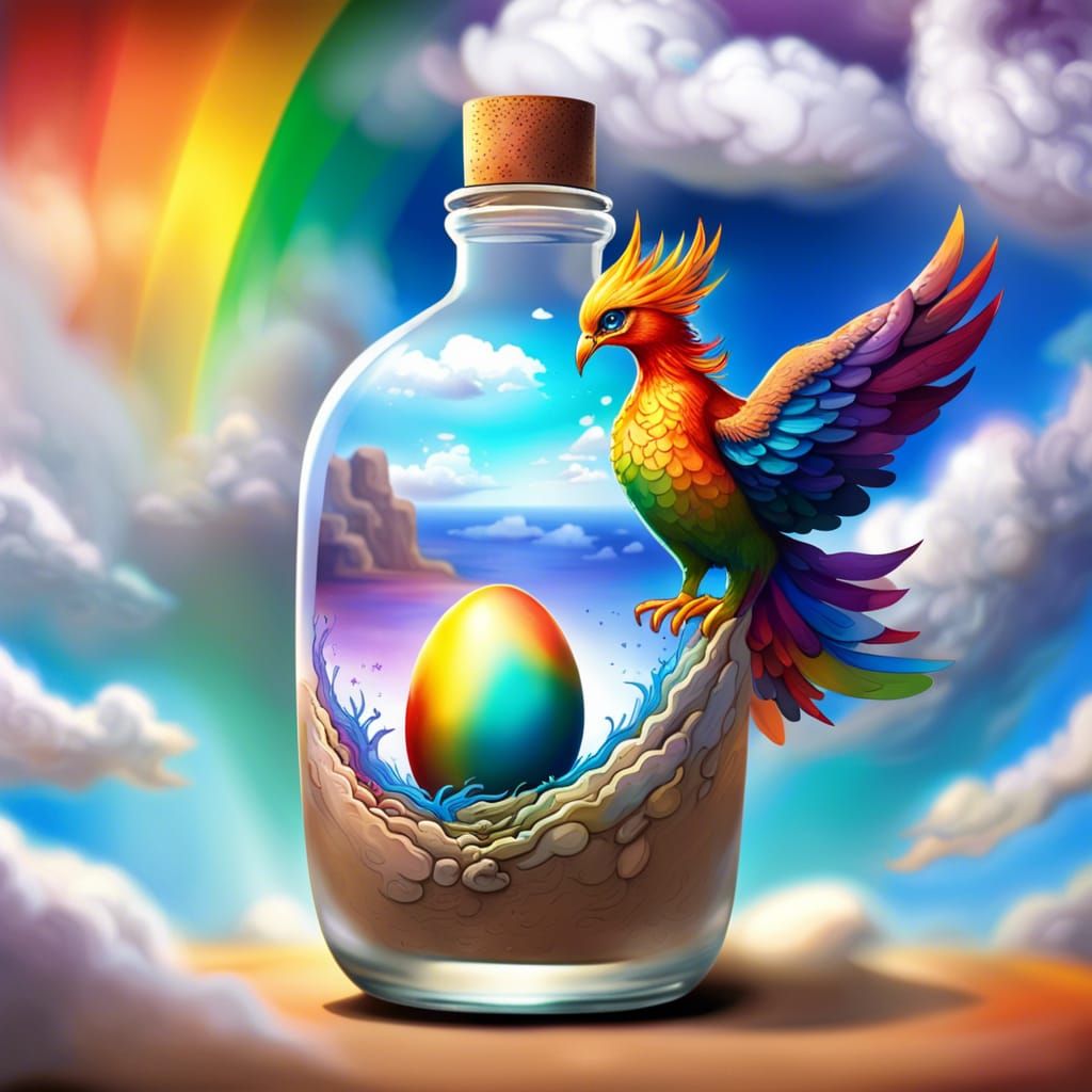 A little cute baby phoenix hatching from his broken egg in a bottle ...