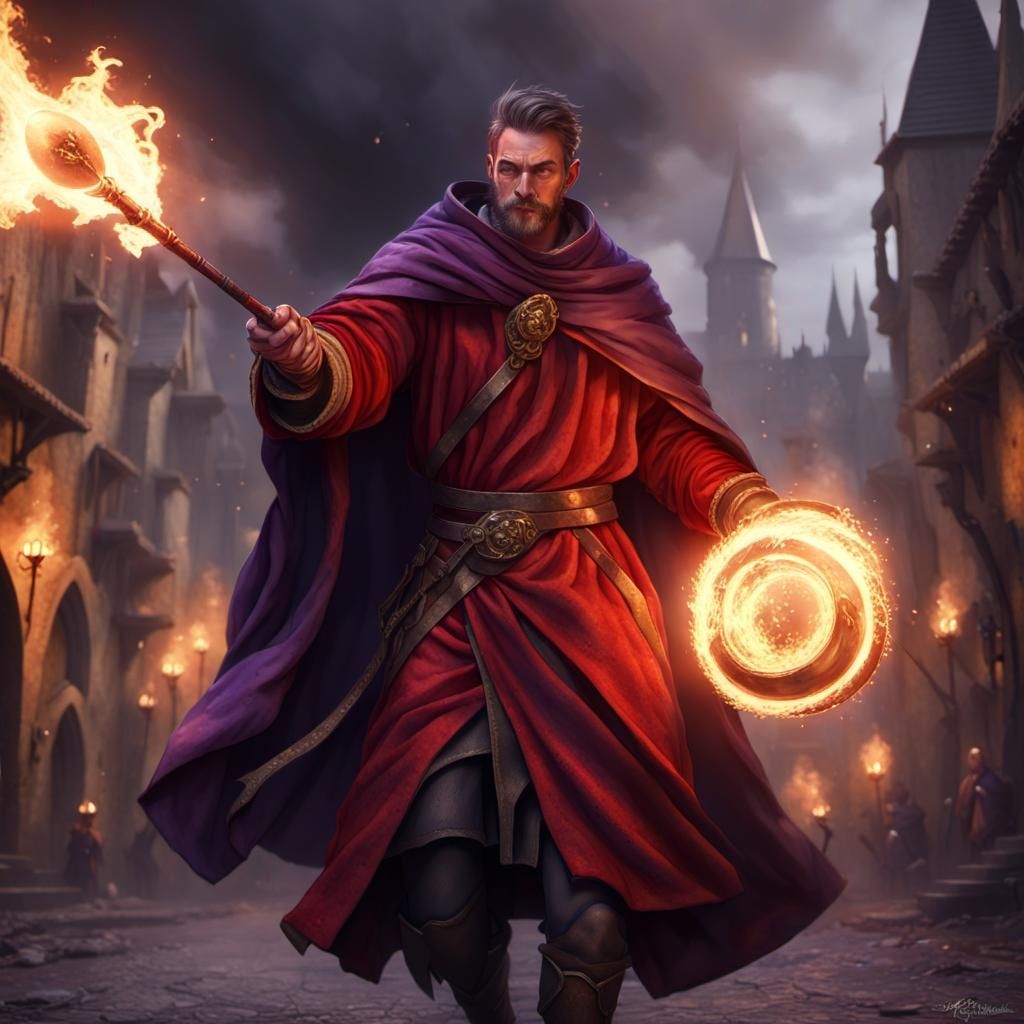 human male, red robes, holding fire mace in right hand, Kite round ...