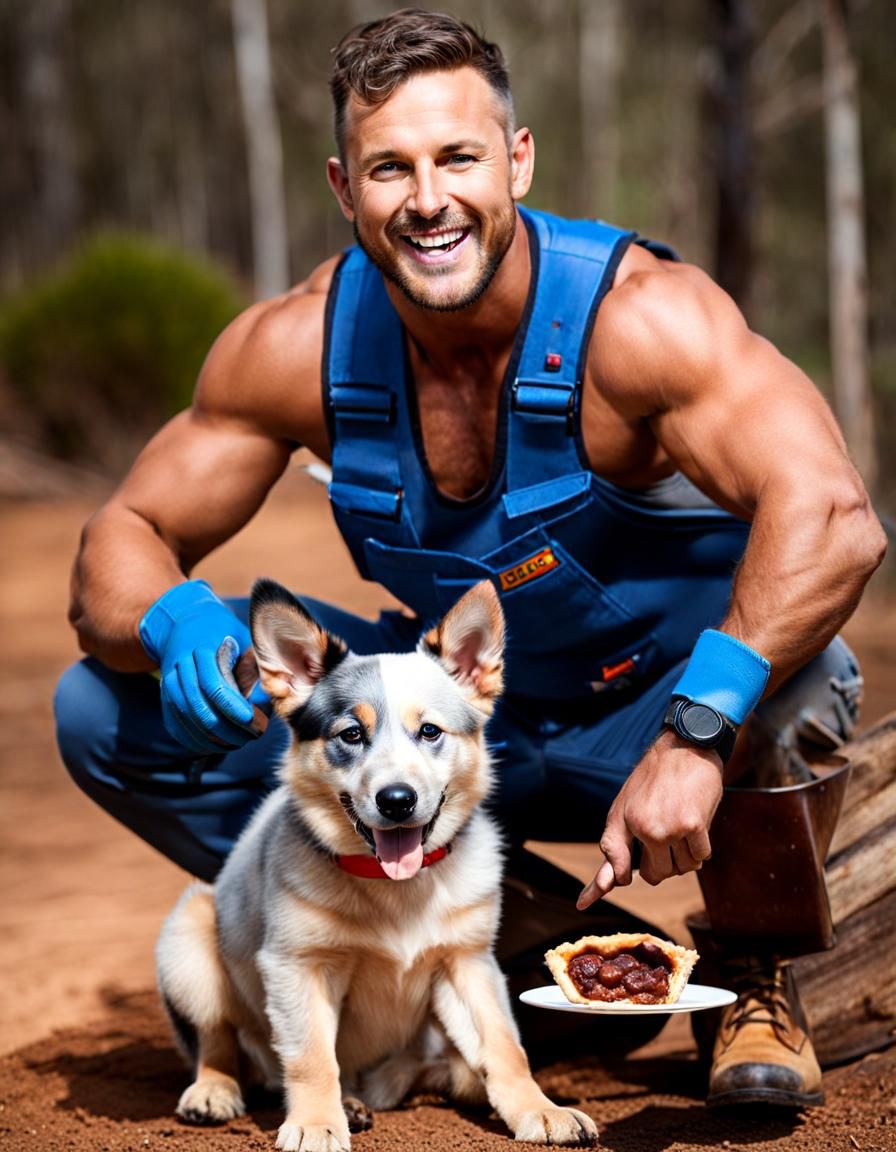 An Australian tradie eating a (meat pie:1.5), sitting next to him is ...