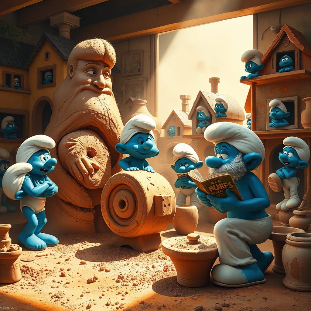 A whimsical scene of Smurfs in a bustling clay wor... - AI Art