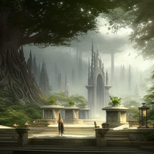 A wide open courtyard in a beautiful elven city made of ivory, anime ...