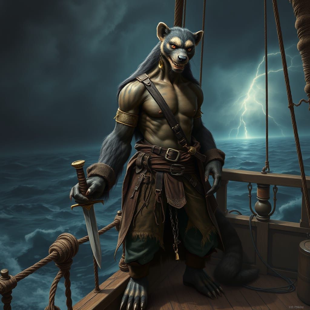 Cyberpunk Pirate Creature Emerges from Stormy Seas - AI Art
