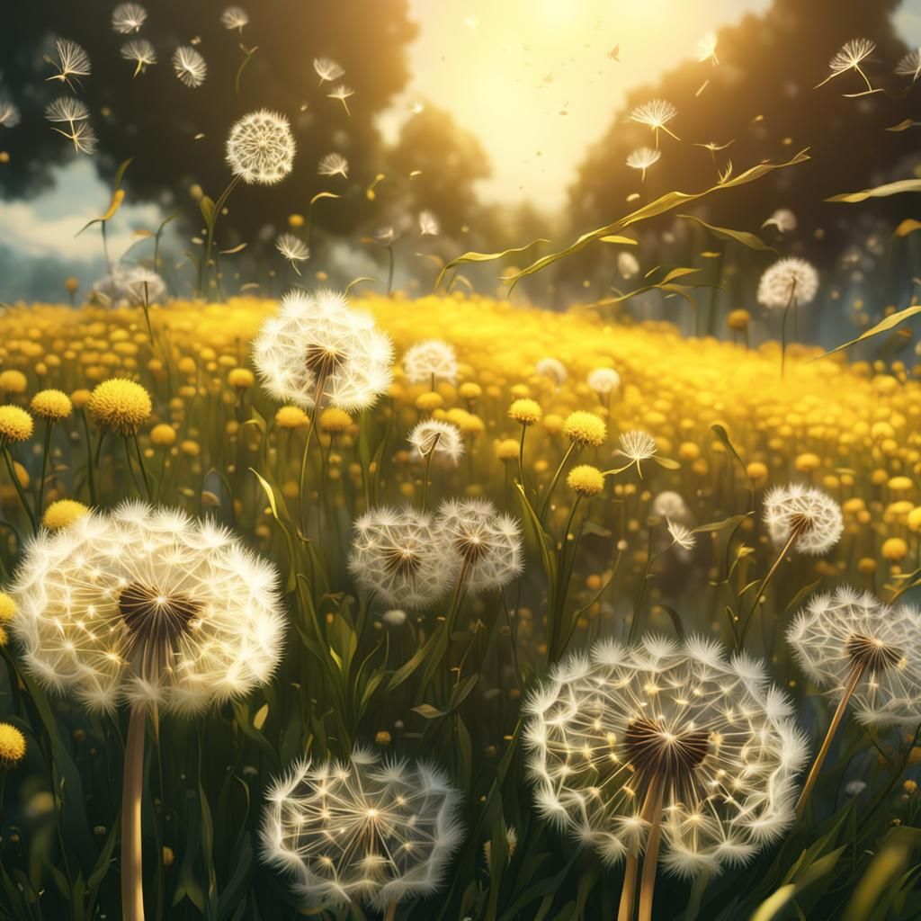 field of dandelion and dandelions fluttering in the wind under the ...