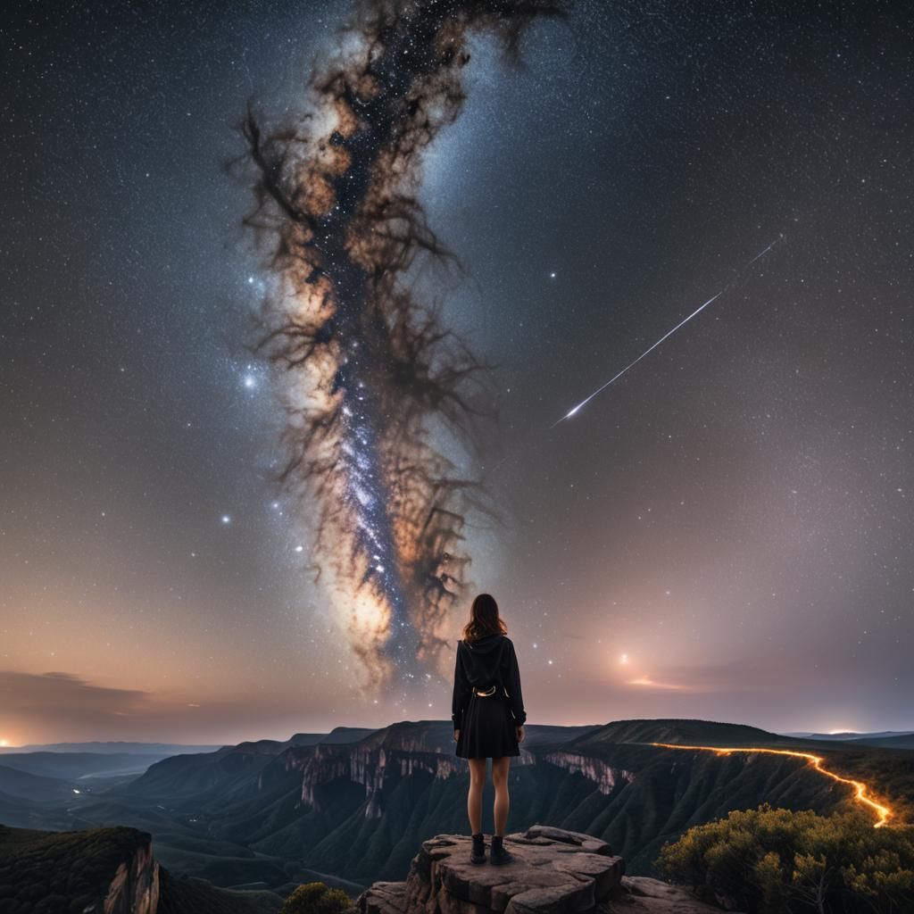 A beautiful galaxy with a girl in the center of the picture standing on ...
