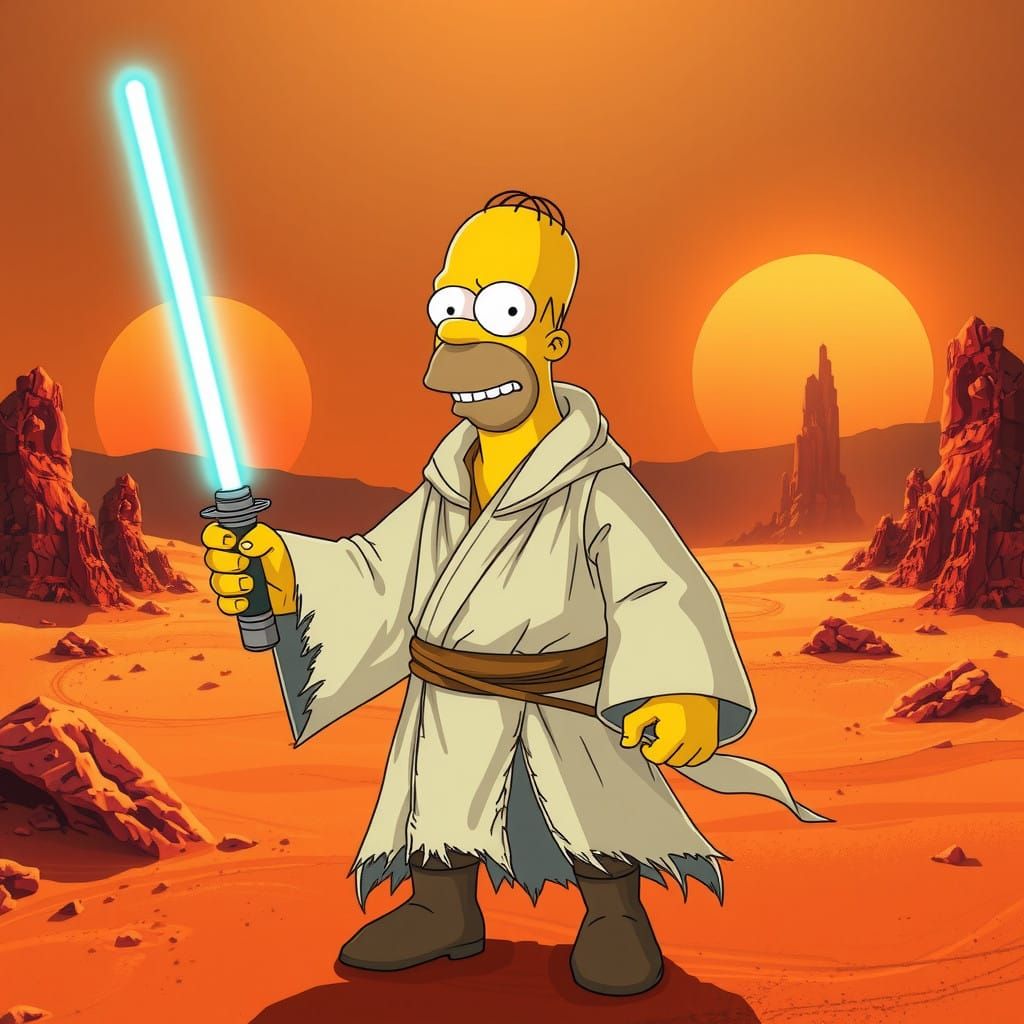 Homer Simpson, dressed in a worn and faded white Jedi robe, wielding a ...