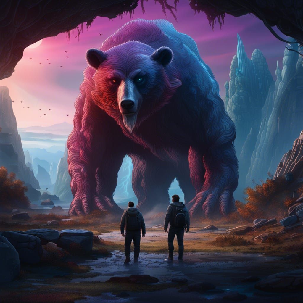 The men meets an alien-bear - AI Generated Artwork - NightCafe Creator