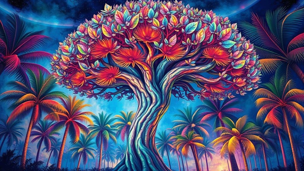 Surreal Cosmic Tree in Hyperrealistic Palm Tree La... - AI Art