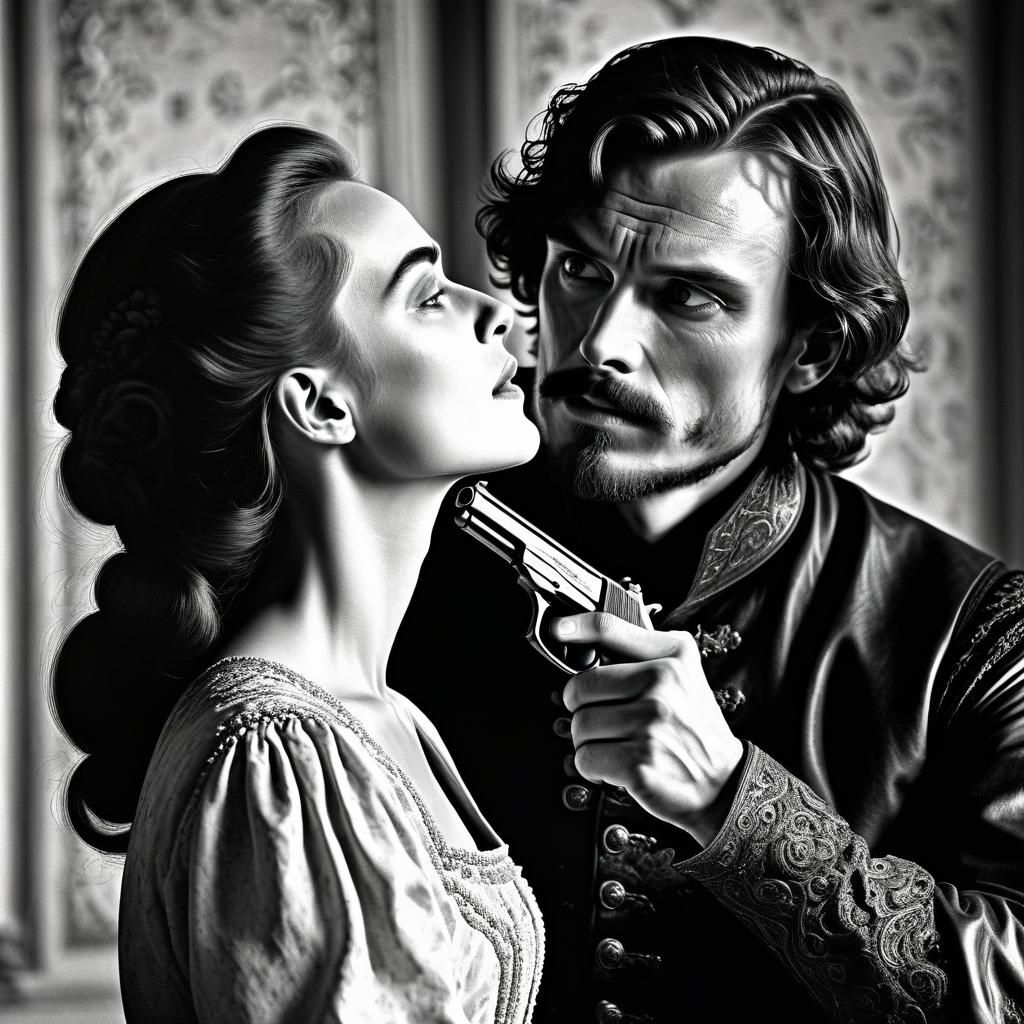 Athos point his gun at the beautiful Milady's forehead. 1625 era ...