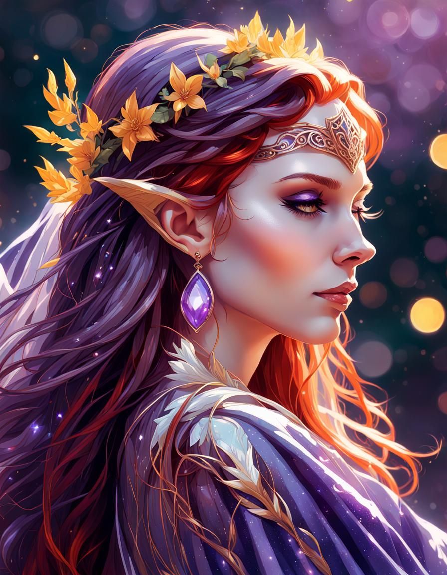 Elf Queen side view Celtic border all in amethyst jewelry and purple ...