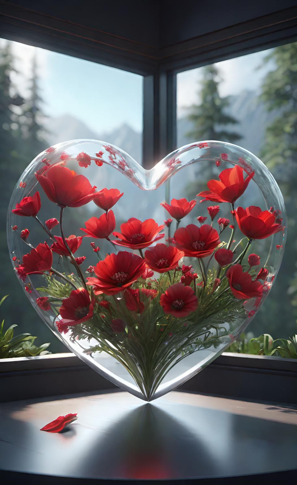 Scenery with red flowers in a glass heart - AI Generated Artwork ...