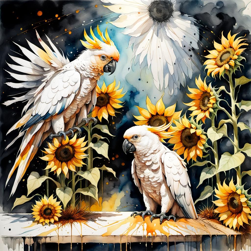 Cockatoos and sunflowers - AI Generated Artwork - NightCafe Creator