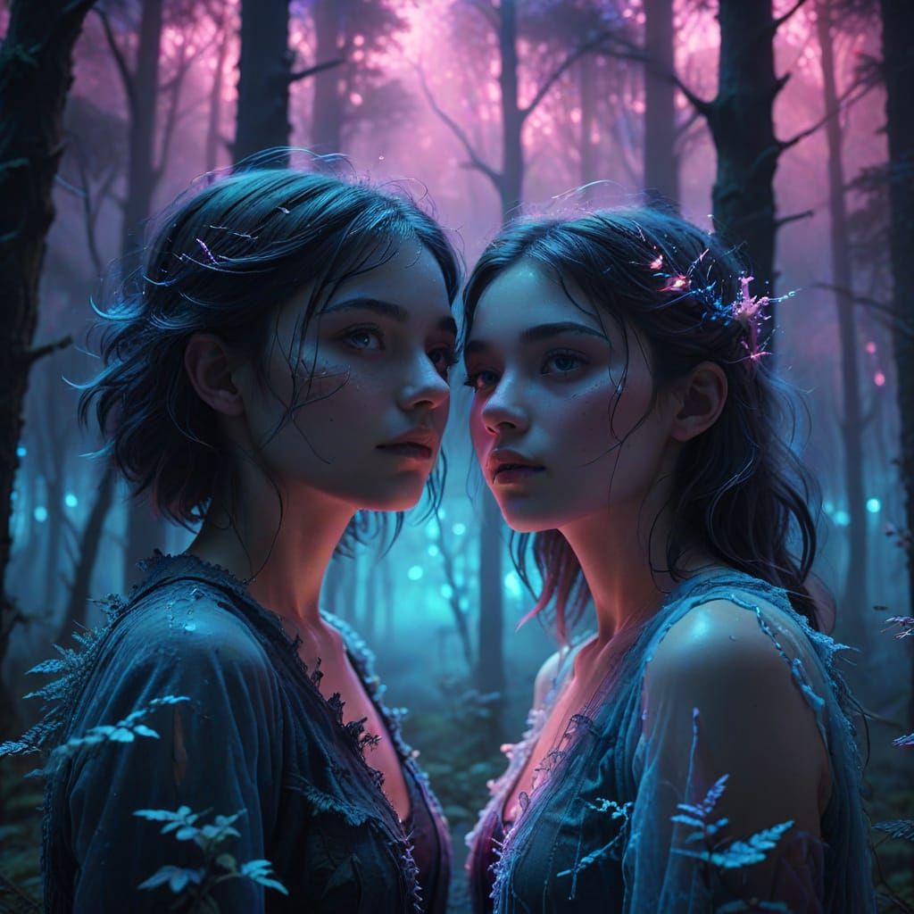 Neon Surrealism: Teens Embrace in Mystical Forest - AI Art