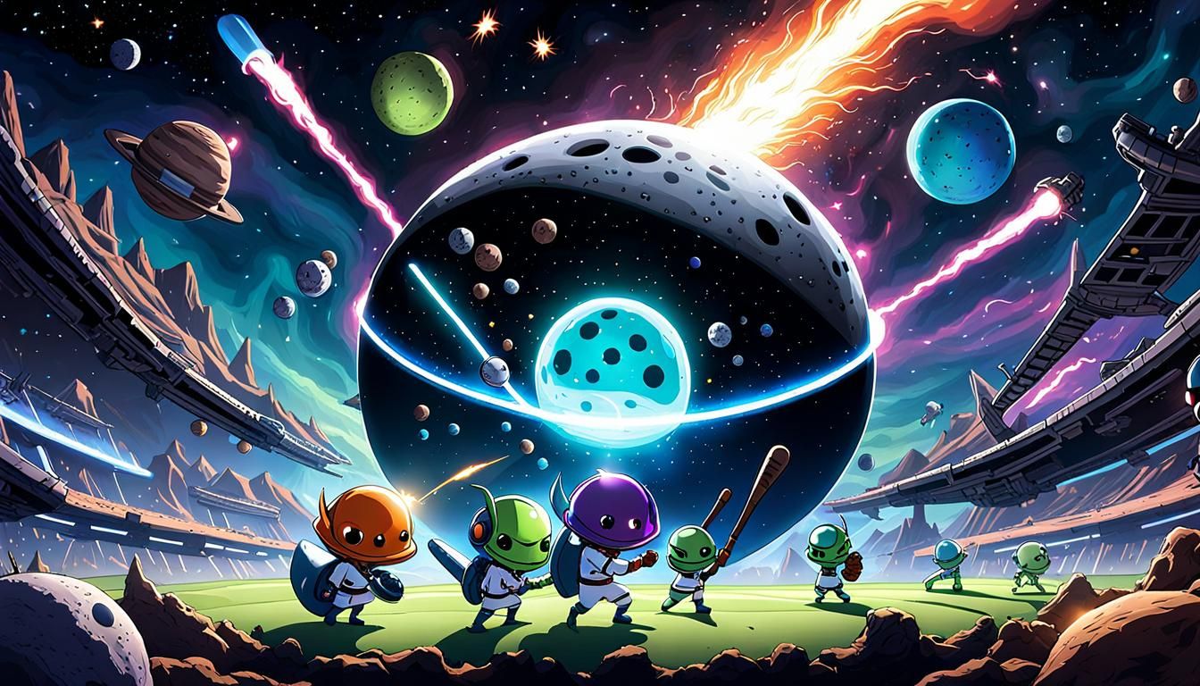 Imaginebaseball game in outer space, a scene where two teams of aliens ...