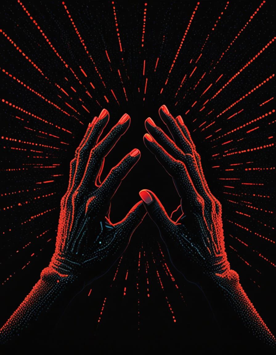 Hands in Cosmic Embrace, in Neon Pointillism - AI Art