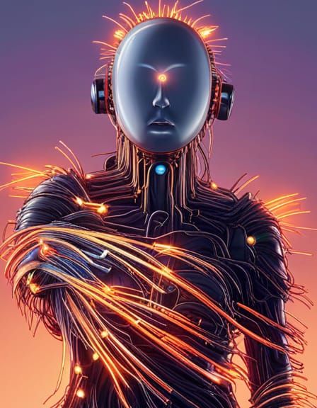 A futuristic digital art piece of a humanoid figure made of electrical ...
