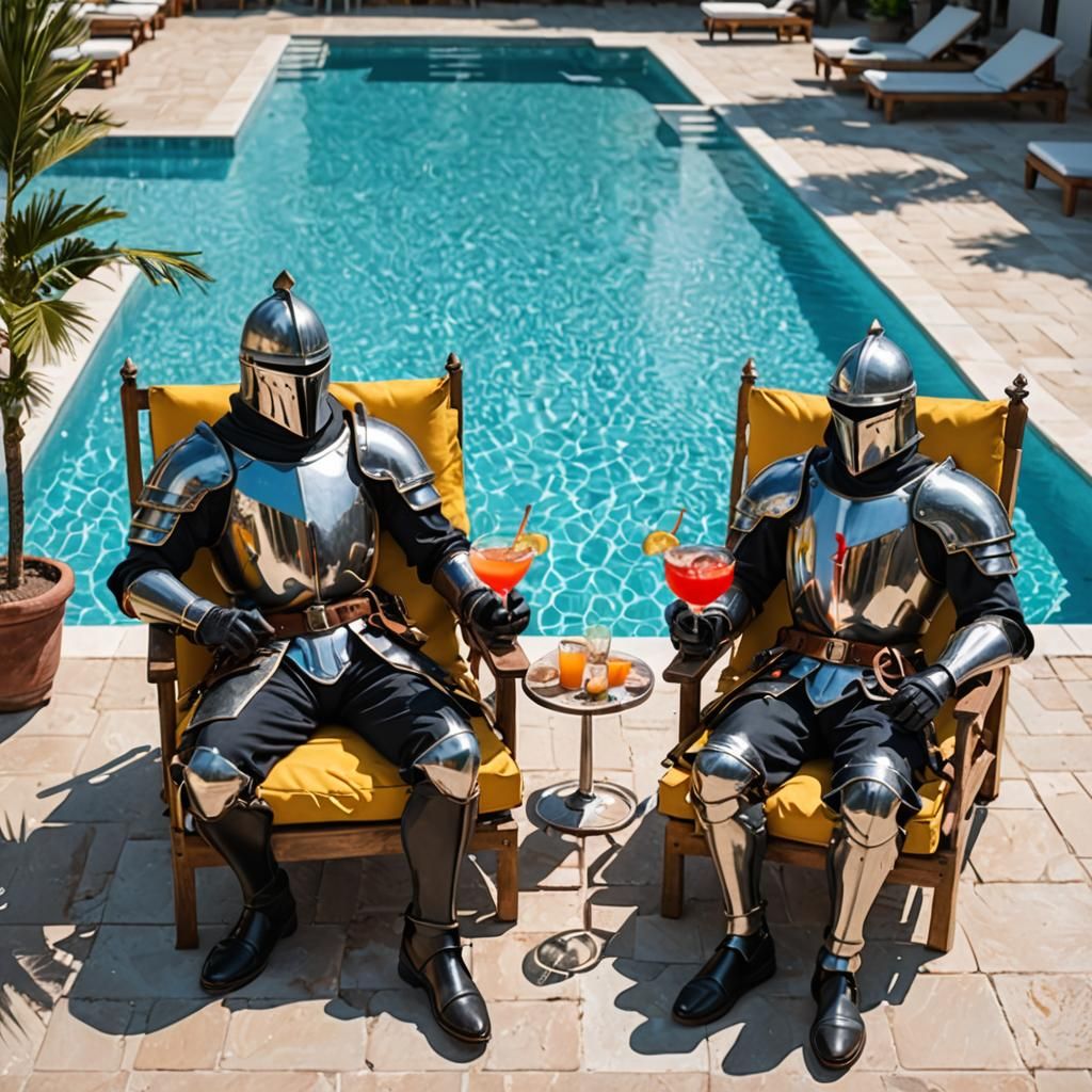 Knights at the pool drinking cocktails - AI Generated Artwork ...