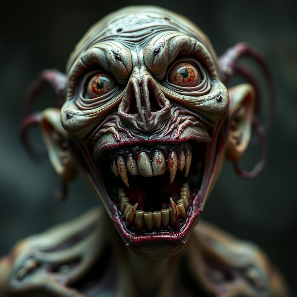 An extremely creepy macabre, elongated face creature with scary bulging ...