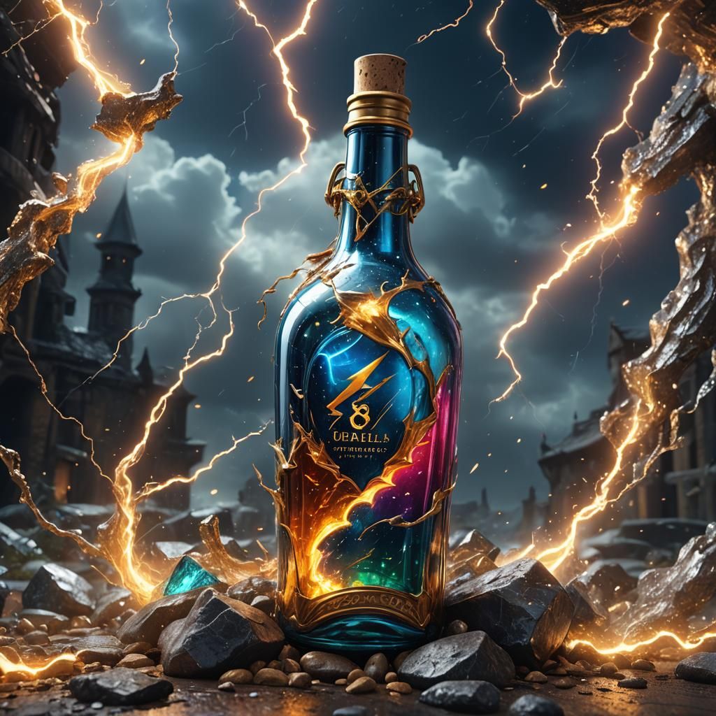 high quality 8k stunning bottle with lightening spewing out of it ...