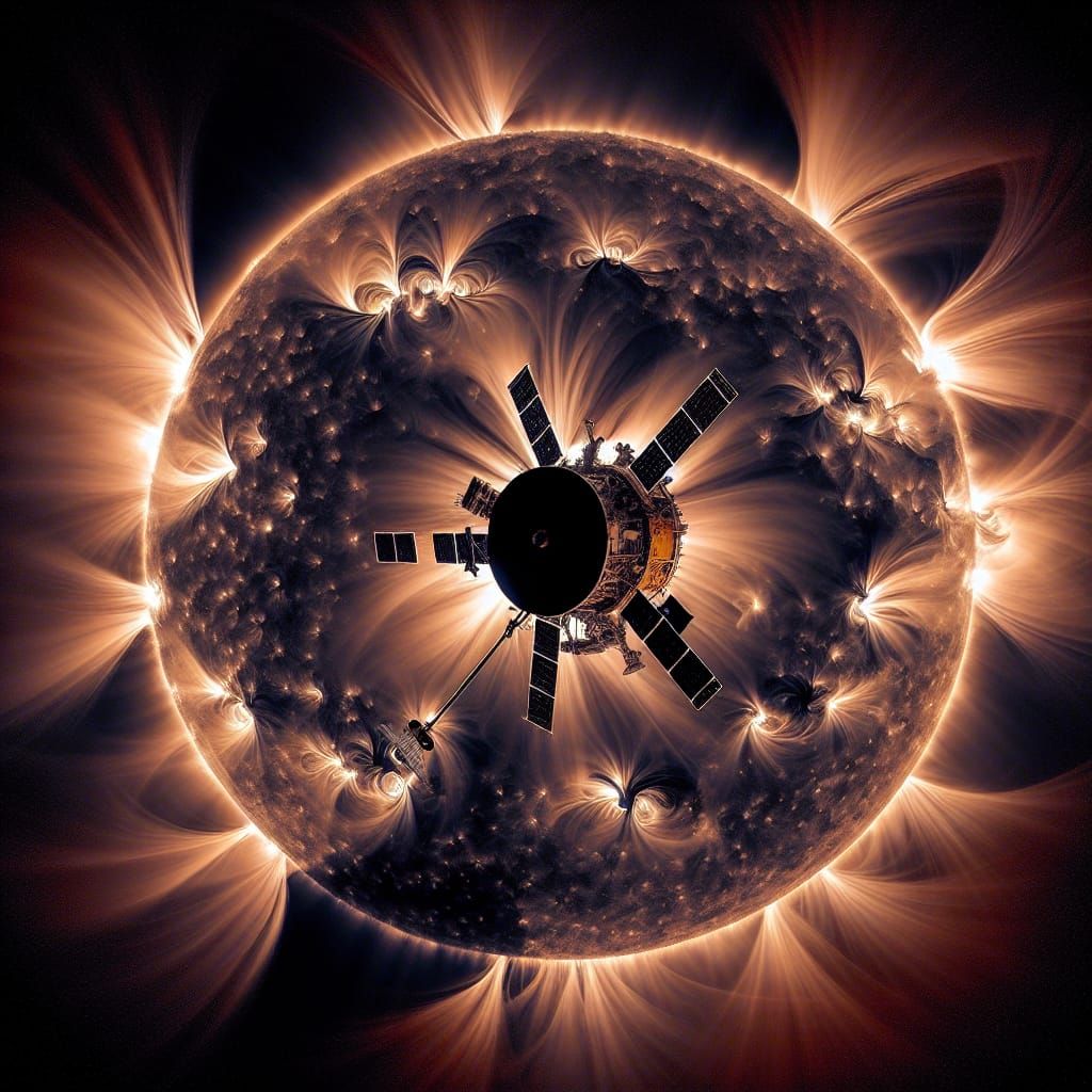 A NASA probe orbiting the sun during a solar eclipse, intricate details ...