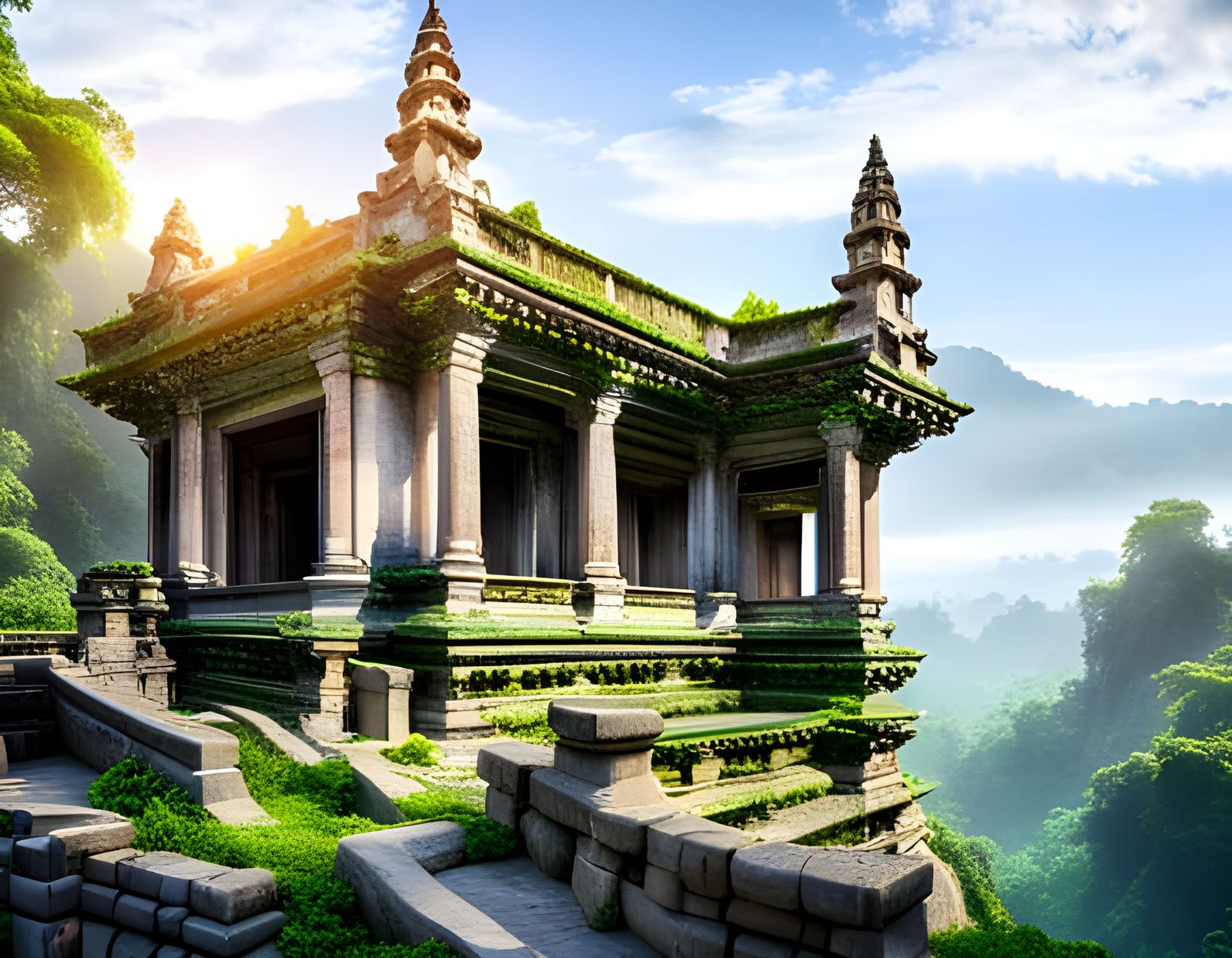 Ancient Asian temple ruin overgrown by thick jungle rain forest with ...
