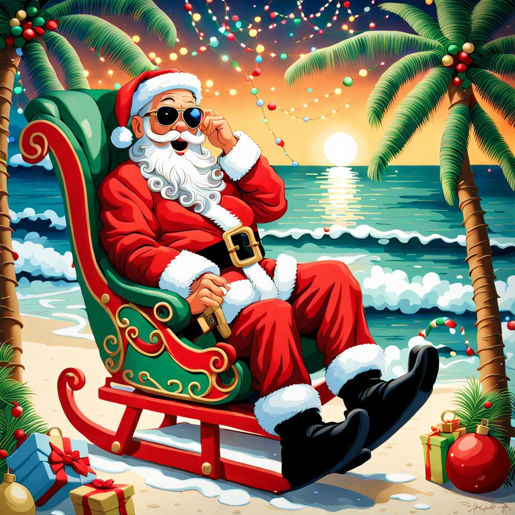 Santa's Coastal Vacation": Santa taking a break on a tropical beach ...