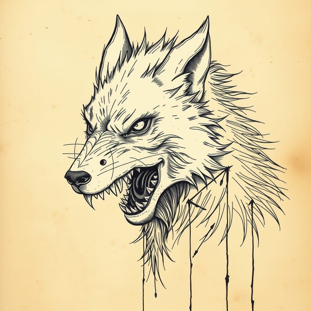 Portrait sketch of werewolf, bipedal, human wolf hybrid, wolf head, ink ...