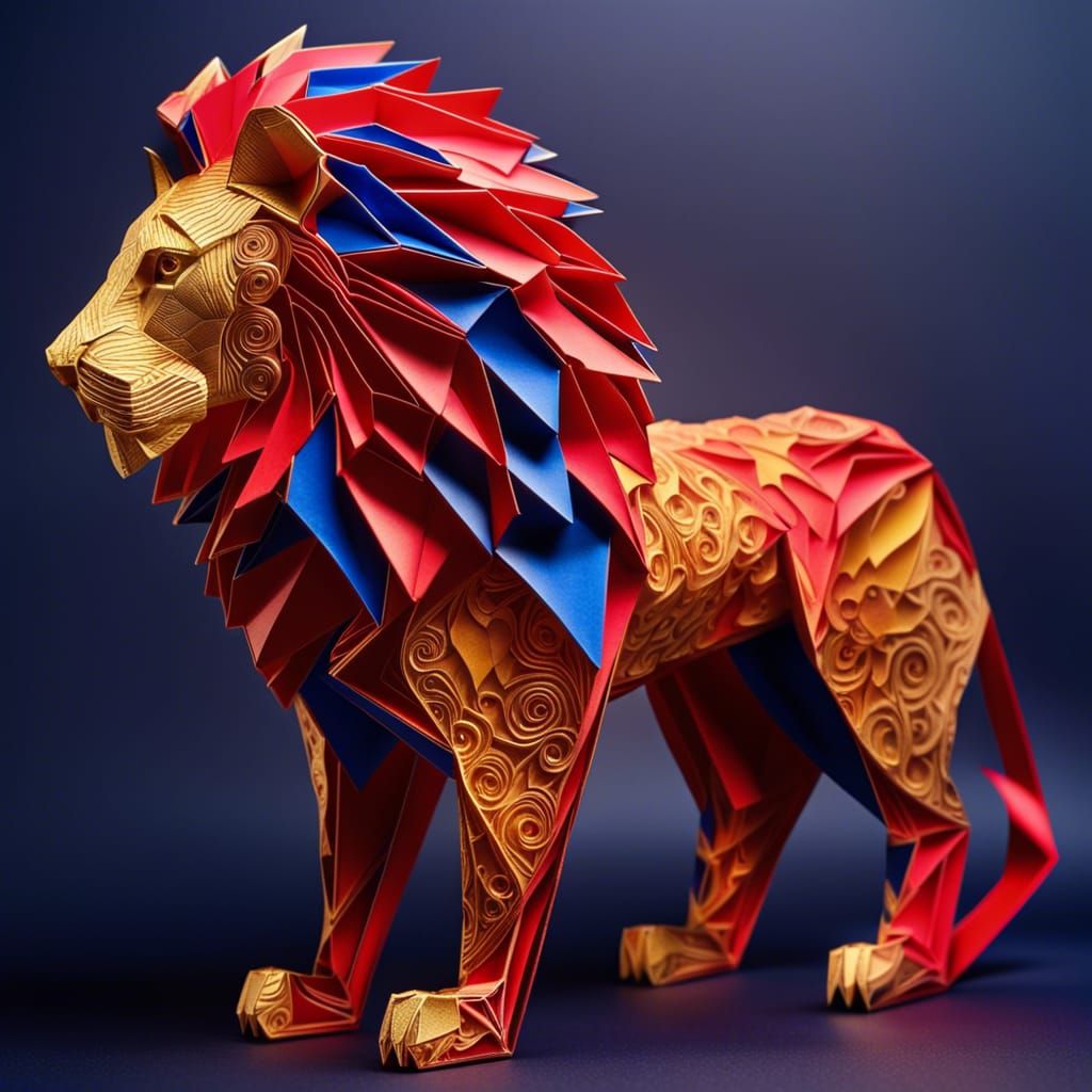 Epic Lion Origami in Royal Blue, Red & Gold - AI Generated Artwork ...