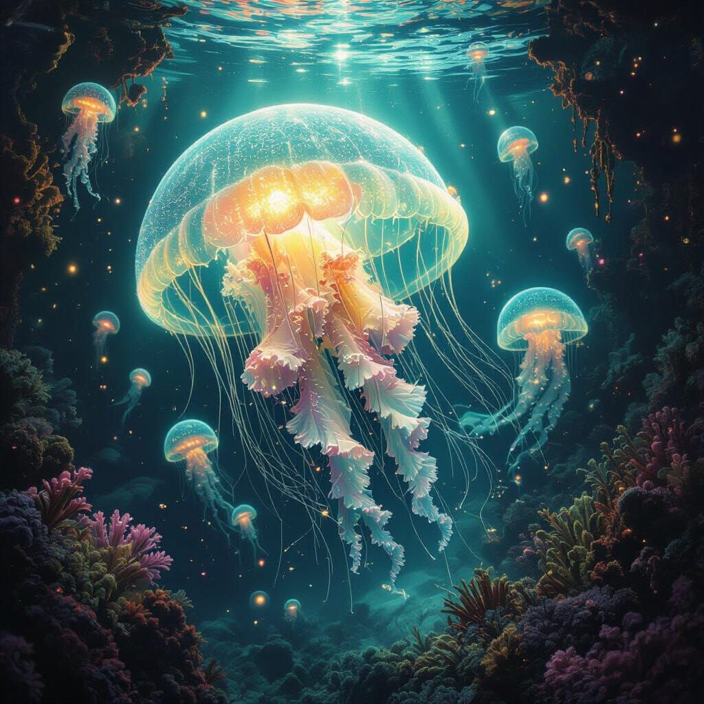 A majestic, bioluminescent jellyfish gracefully drifting through an ...