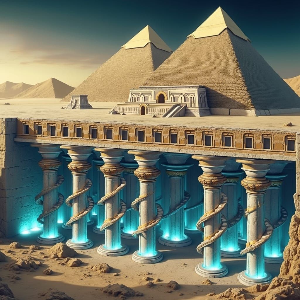 Tesla tech and megalithic columns supporting the pyramids.