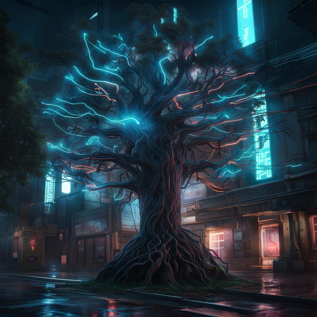 Tree in cyberpunk city - AI Generated Artwork - NightCafe Creator