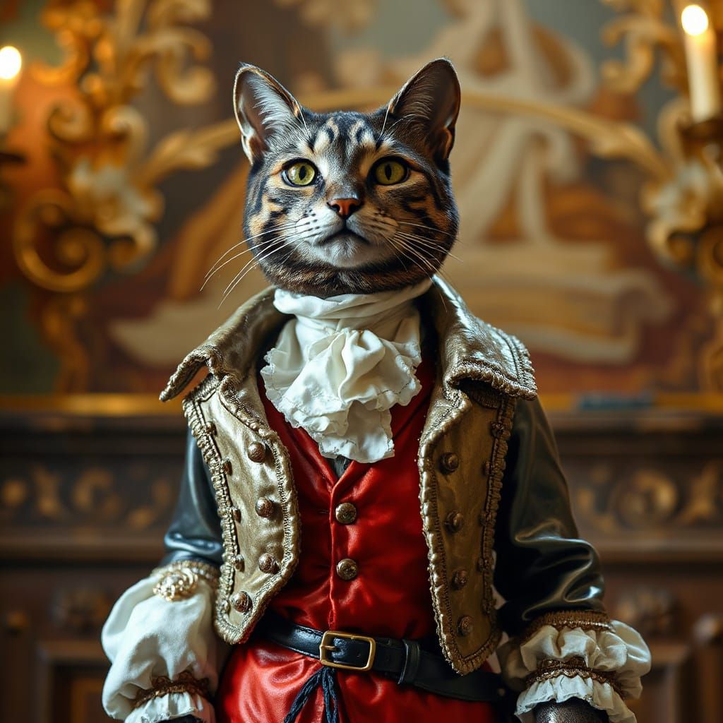 Elegant 18th Century Feline Inventor in Chrome Pla... - AI Art