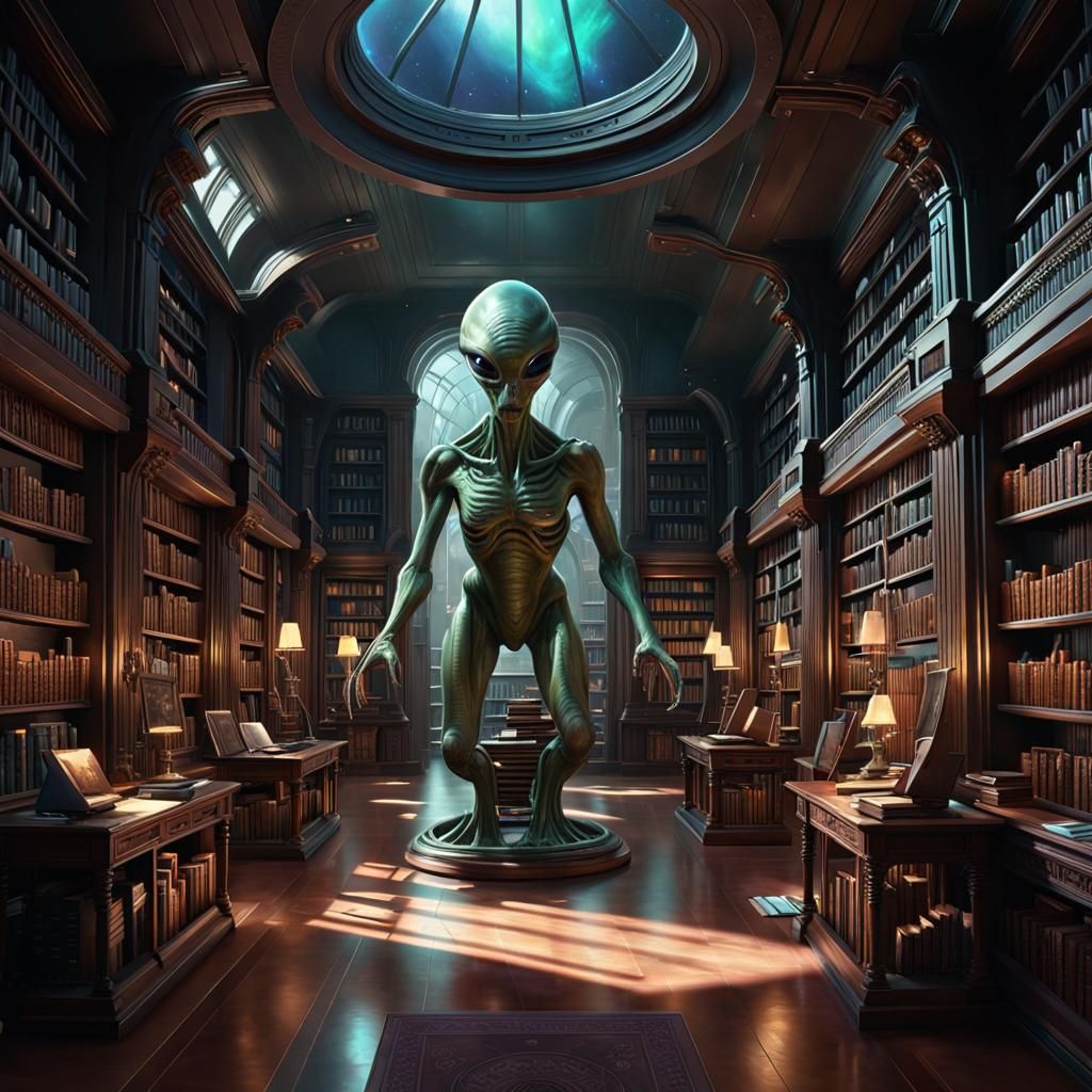 Alien Explores Library - AI Generated Artwork - NightCafe Creator