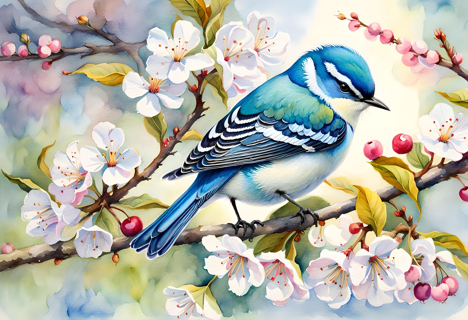 EV3044-AR7x5-Beautiful Cerulean Warbler on the branch of a Cherry tree ...